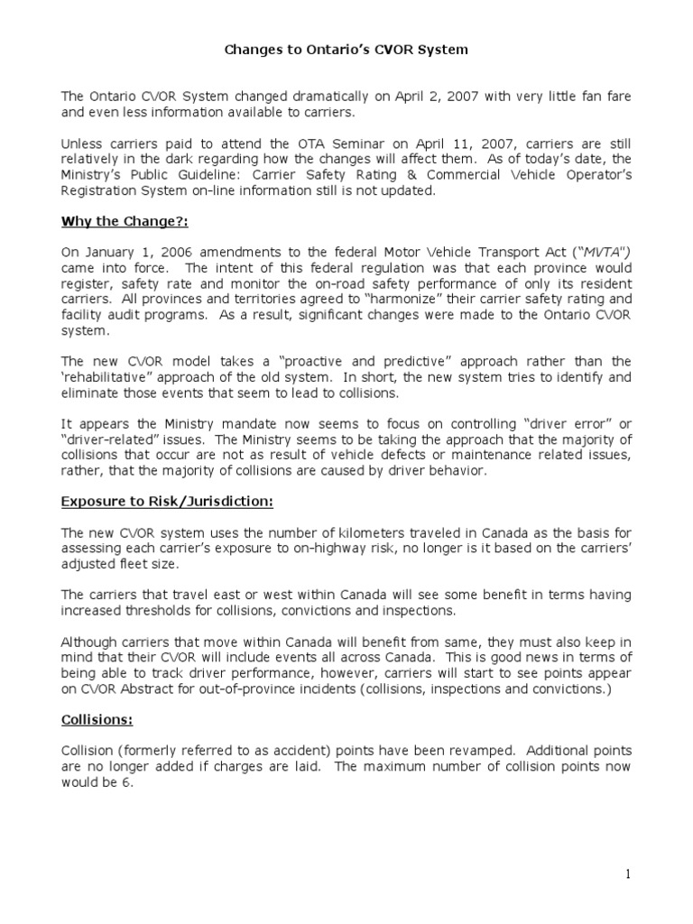 Changes To Ontarios CVOR System | PDF | Traffic Collision | Road Transport