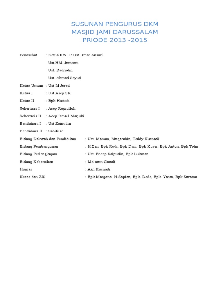 Susunan Pengurus DKM Masjid Darussalam | PDF