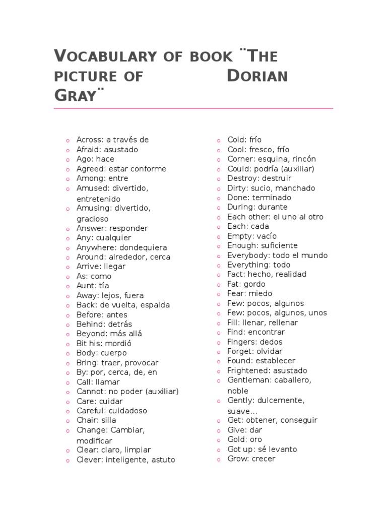 Vocabulary of Book (The Picture of Dorian Gray) | PDF