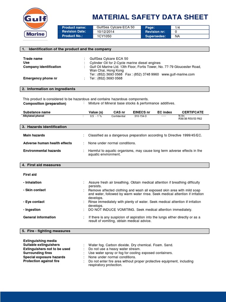 MSDS_GulfSea Cylcare ECA 50 2014-12 | Toxicity | Chemical Substances