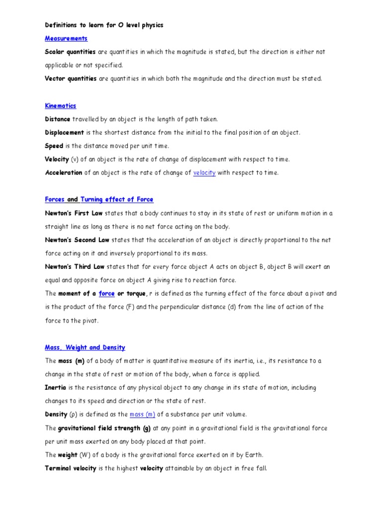 Definitions To Learn For O Level Physics | PDF | Electromagnetic Induction | Force