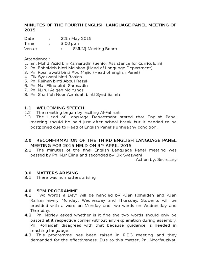 Minutes of English Panel Meeting 2015 | PDF | Teaching And Learning ...