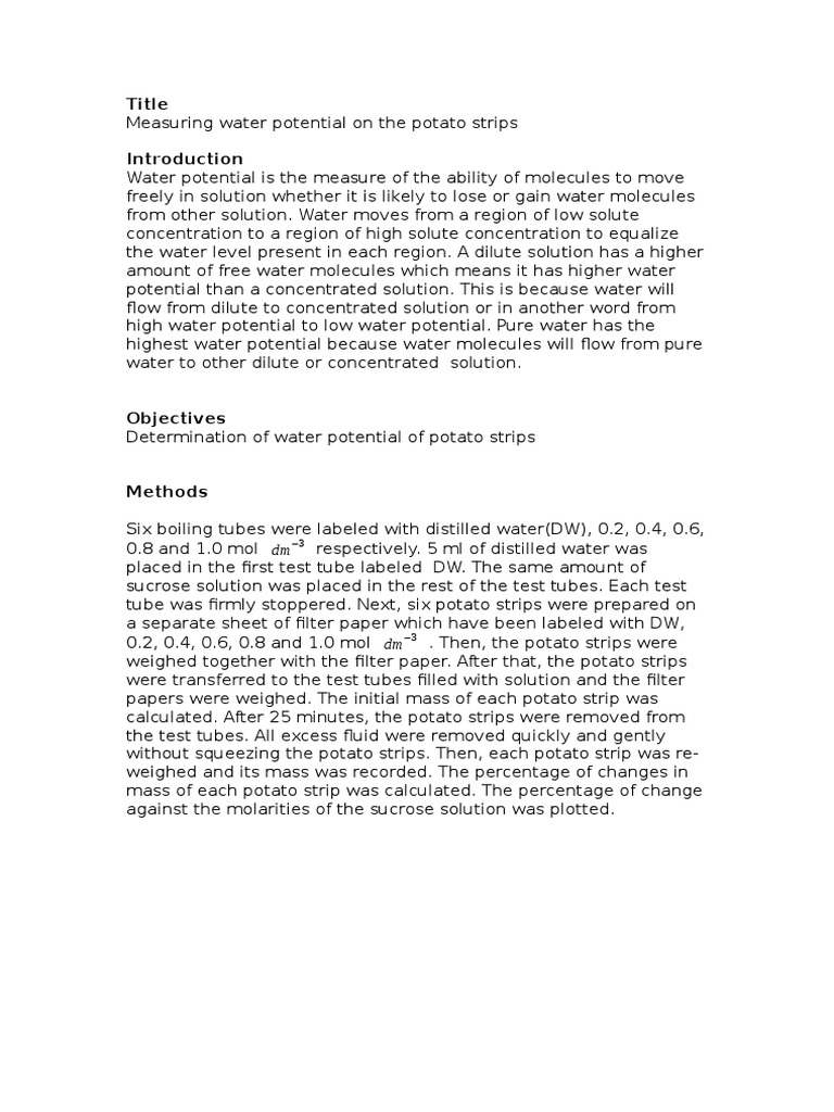 Water Potential in Potato Strips Experiment | PDF | Osmosis ...