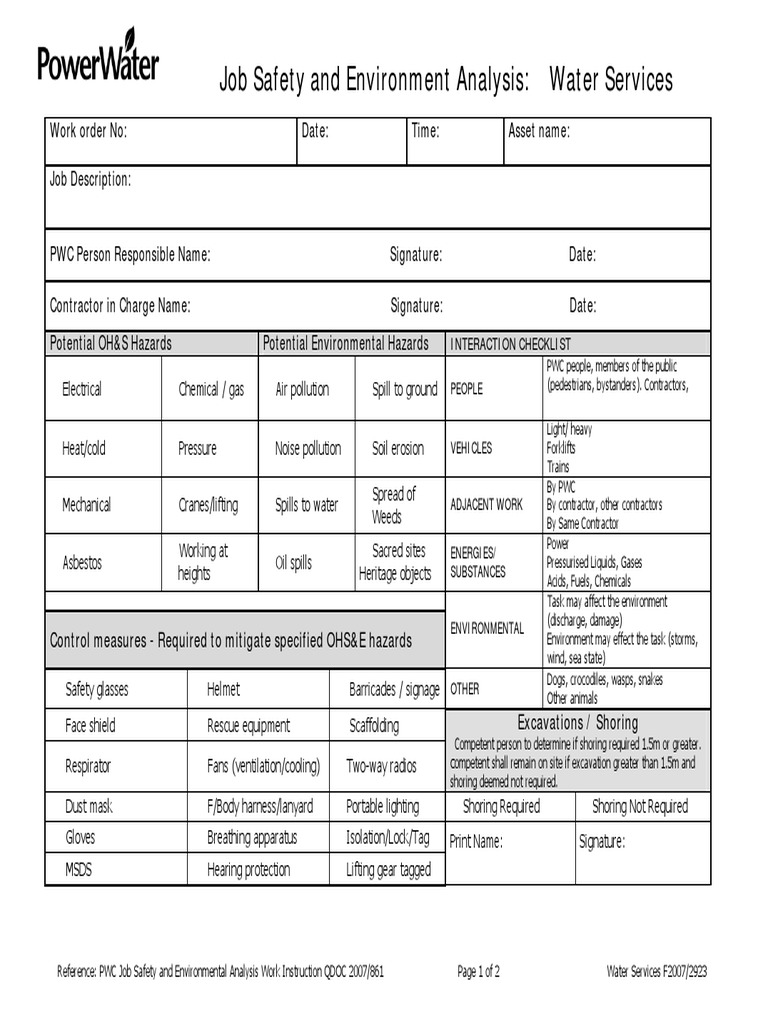 Job Safety and Environment Analysis: Water Services: Control Measures ...