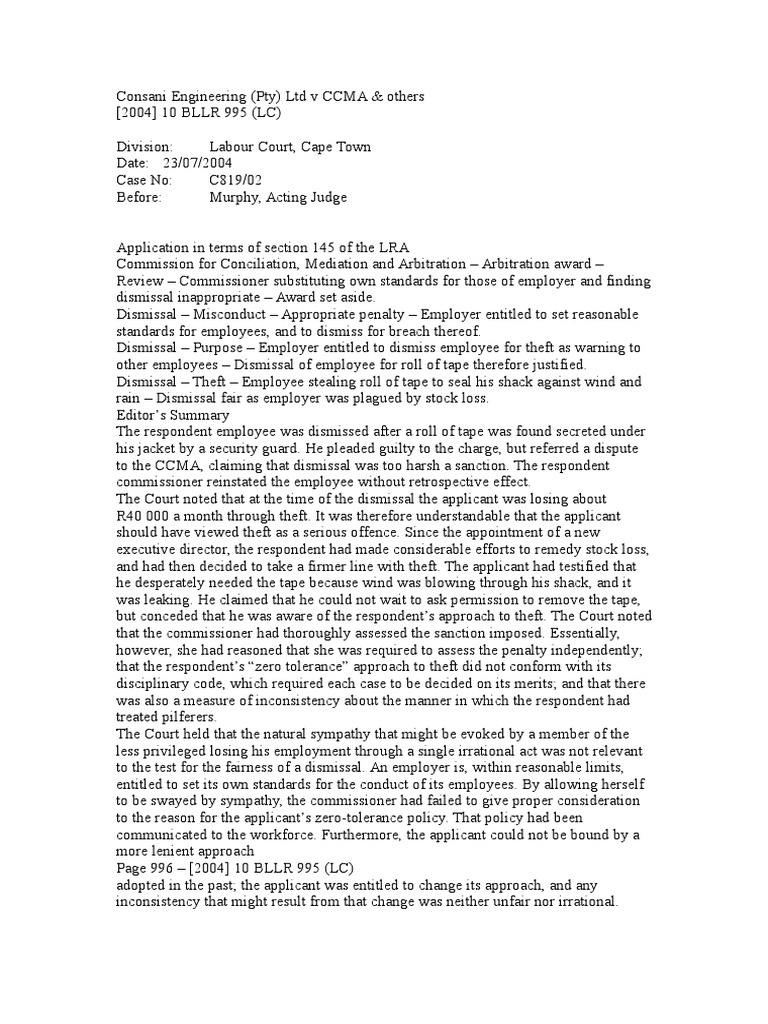 (2004) 10 BLLR 995 (LC) | Download Free PDF | Public Law | Crime & Violence