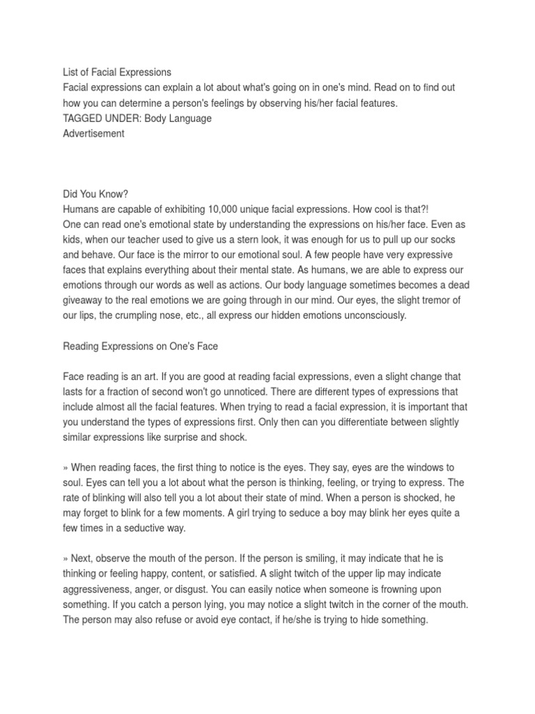 Guide to Understanding Facial Expressions | PDF | Frown | Body Language