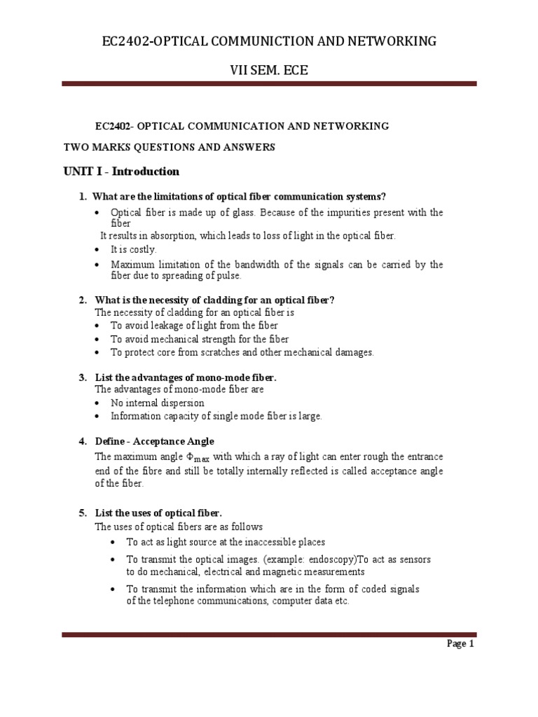 EC2402 - OCN Two Marks Questions and Answers | PDF | Dispersion (Optics) | Optical Fiber