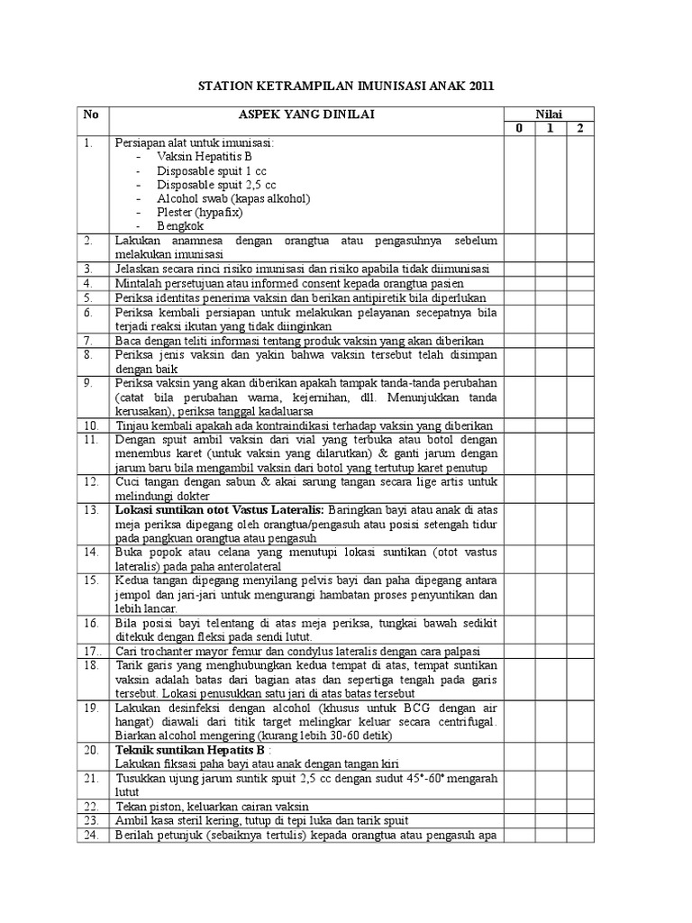 Check List Ketrampilan Imunisasi Anak Osce 2011 | PDF