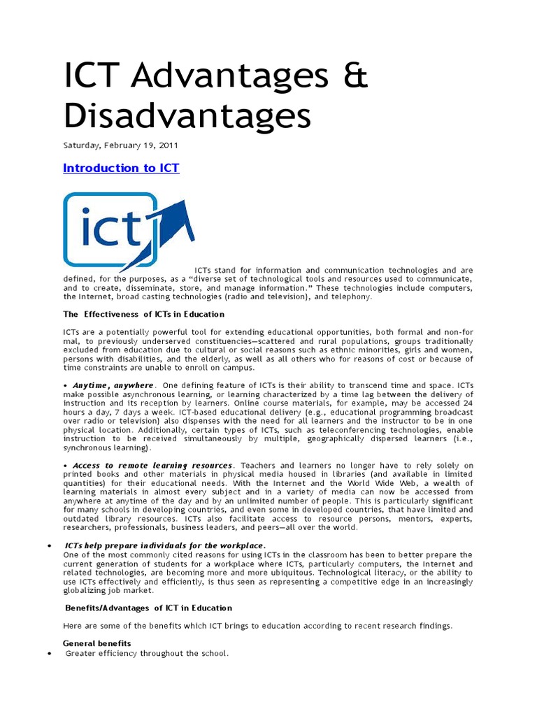 ICT Advantages | PDF | Educational Technology | Internet