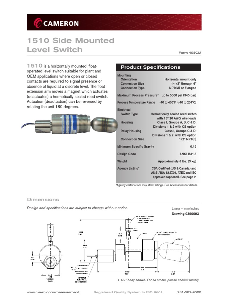 Cameron Model 1510 Side Mounted Level Switch Technical Data Sheet | PDF ...