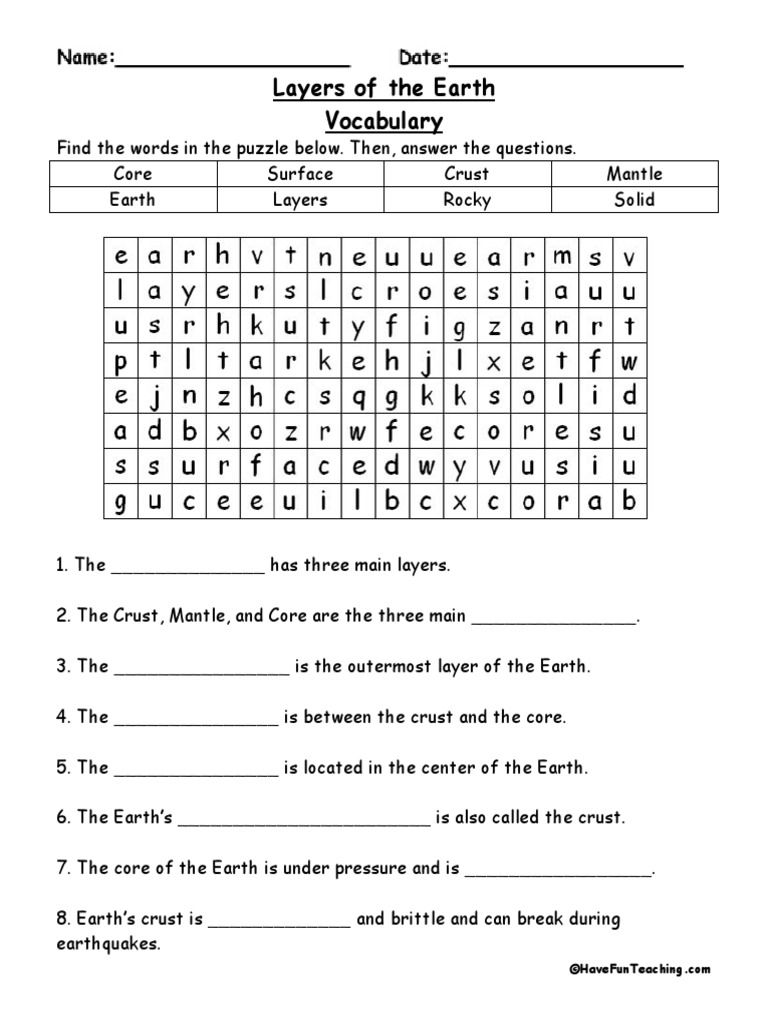Earth Layers Vocabulary Puzzle | PDF