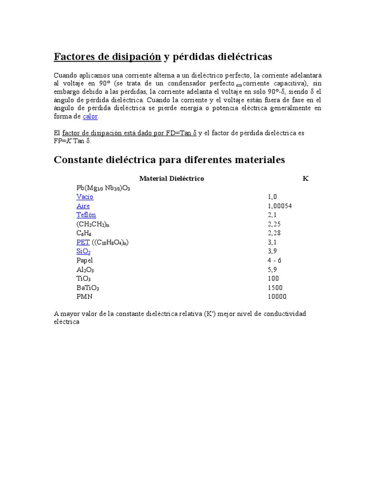 Factores de Disipación y Pérdidas Dieléctricas | PDF