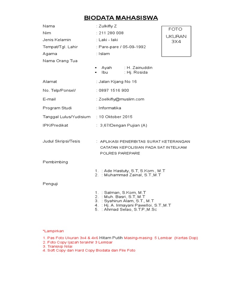 Biodata Mahasiswa Calon Wisudawan | PDF