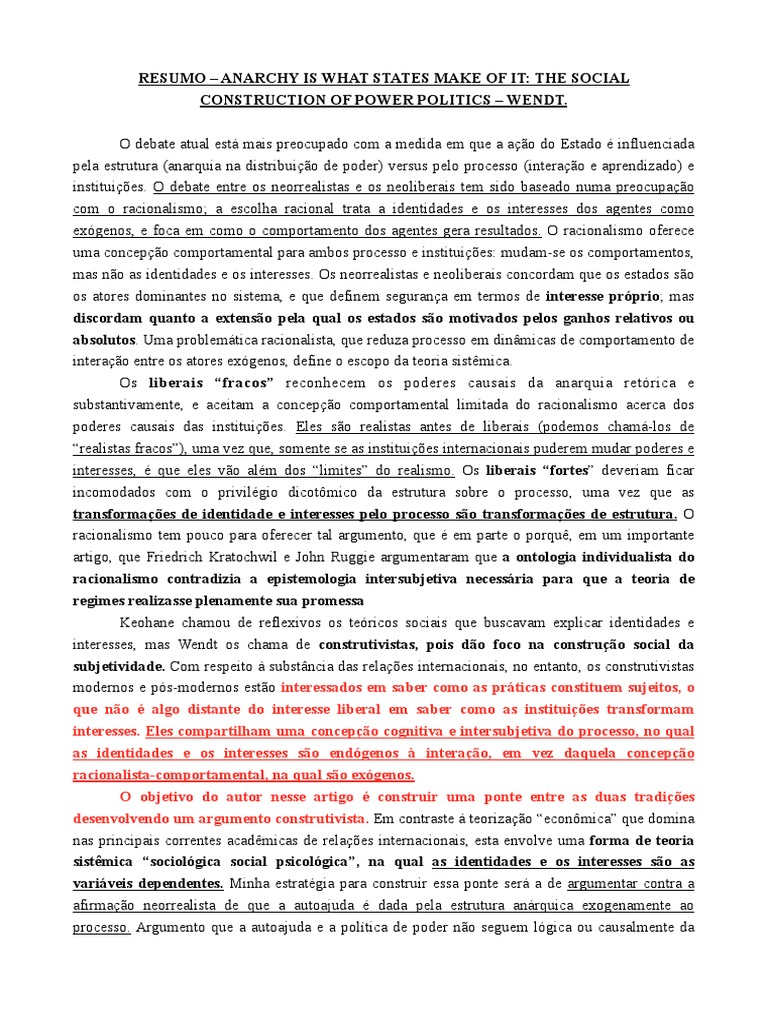 Resumo Anarchy Is What States Make of It The Social Construction of ...