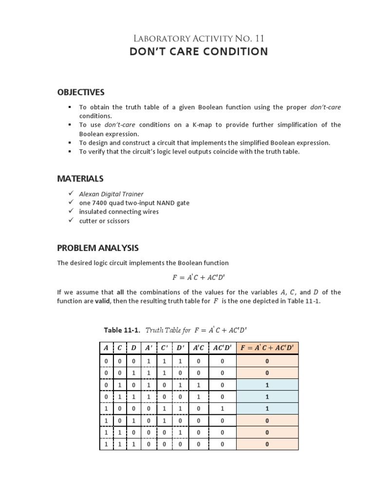 Activity 11 Dont Care Condition Pdf Logic Gate Boolean Algebra
