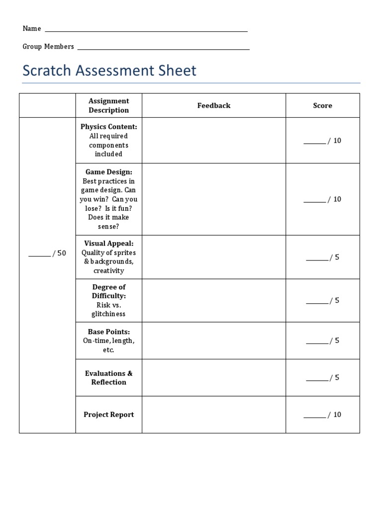 Scratch Assessment Sheet: Assignment Description Feedback Score Physics ...