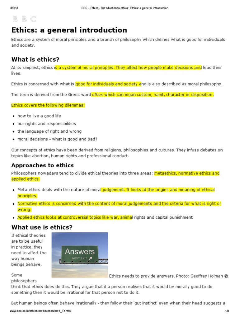 BBC - Ethics - Introduction To Ethics - Ethics - A General Introduction ...