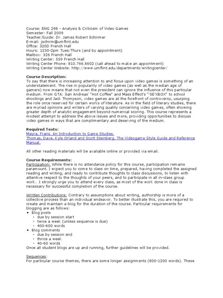 Course Description | PDF | Video Games | Homework