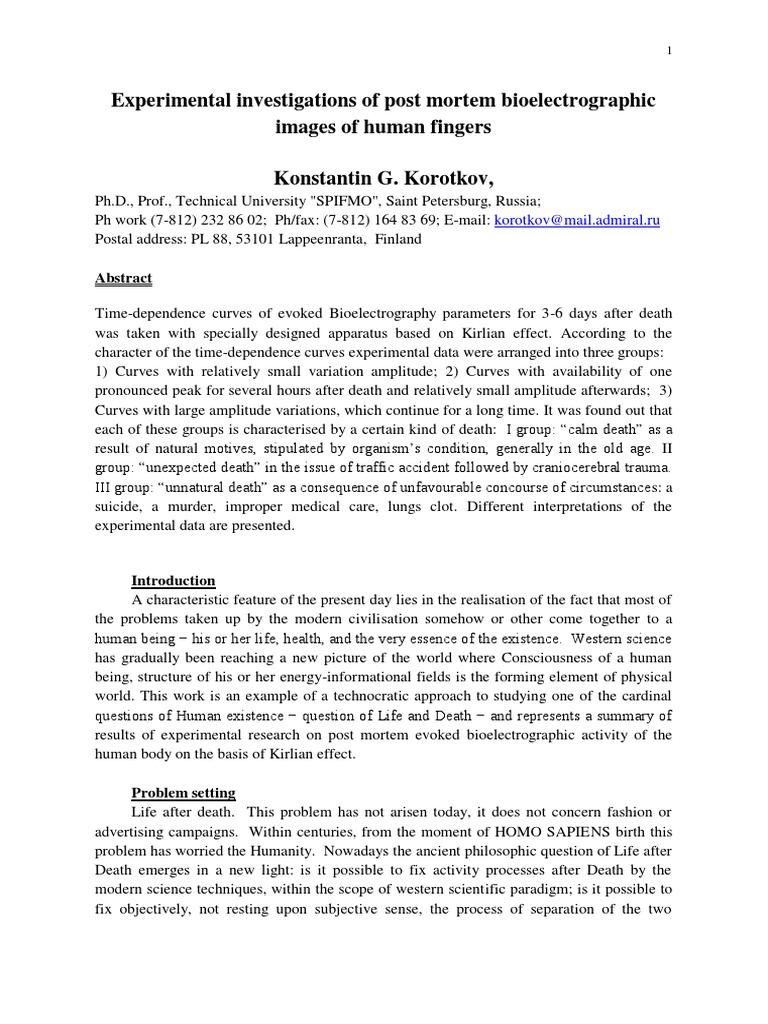 Experimental Investigations of Post Mortem Bioelectrographic Images of ...