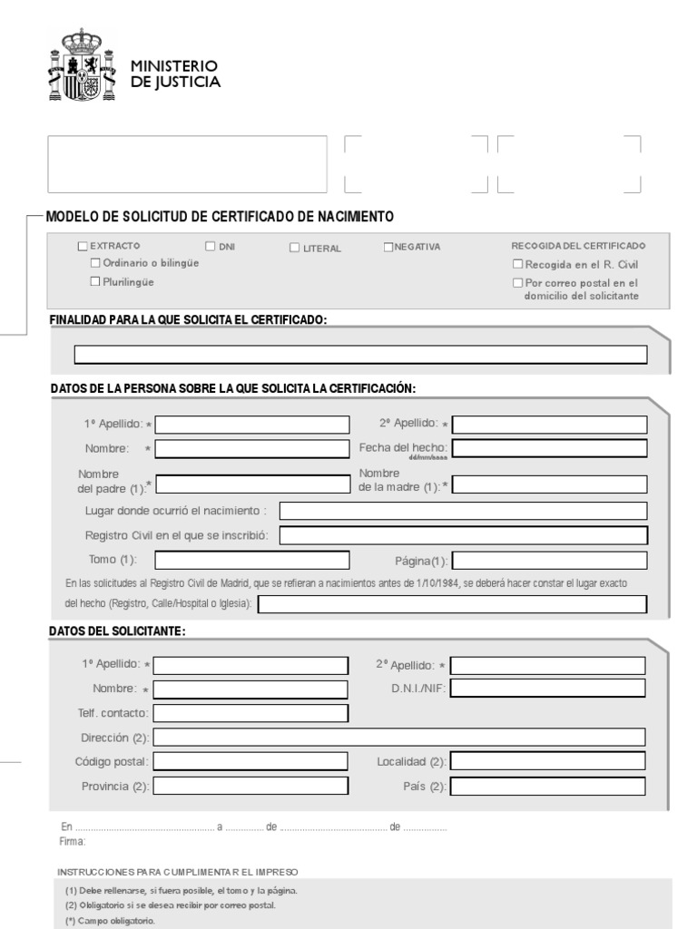 Modelo de Solicitud de Certificado de Nacimiento | Gobierno y persona | Documentos oficiales