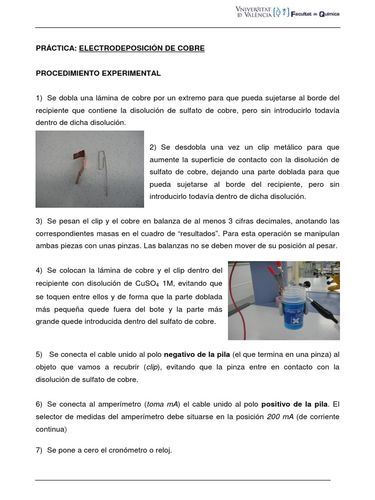 Práctica de Electrodeposición | PDF | Cobre | Corriente eléctrica