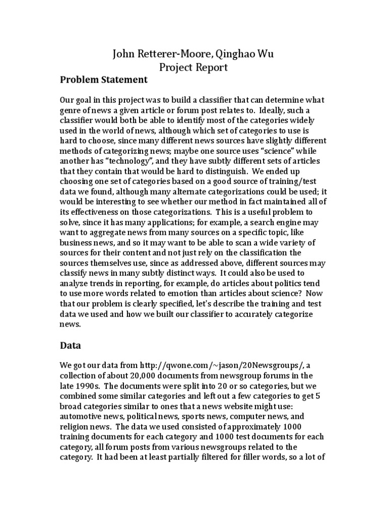 Project Report For News Classification | PDF | Statistical Classification | Cognition