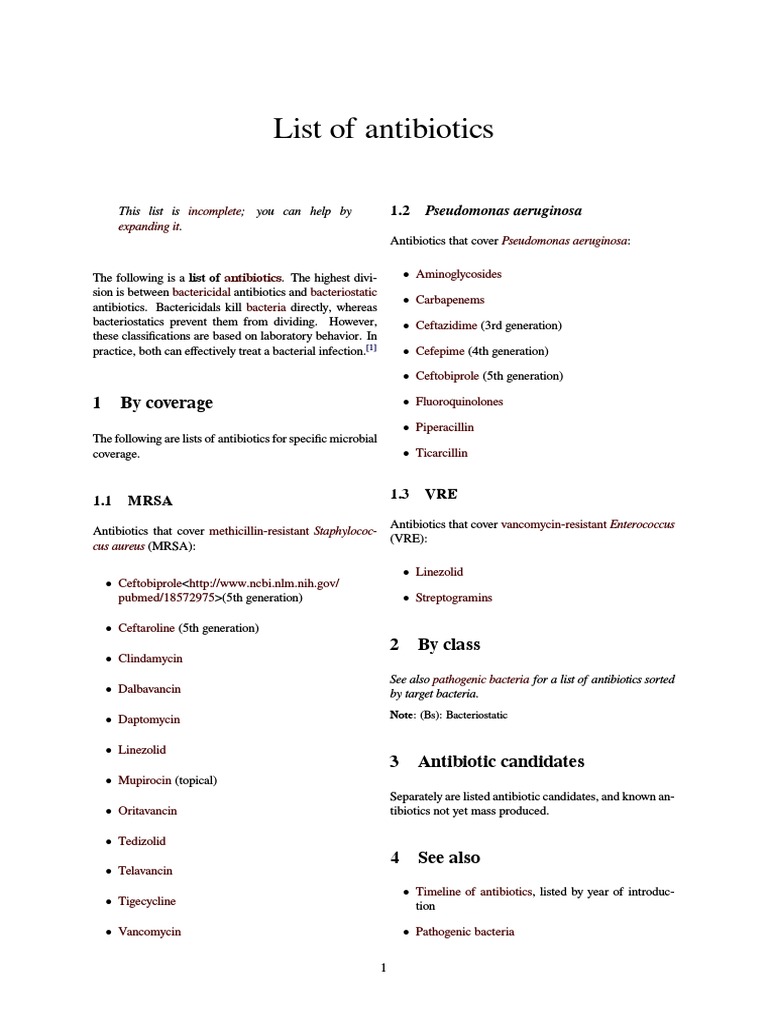 List of Antibiotics: 1 by Coverage | PDF | Antibiotics | Biocides