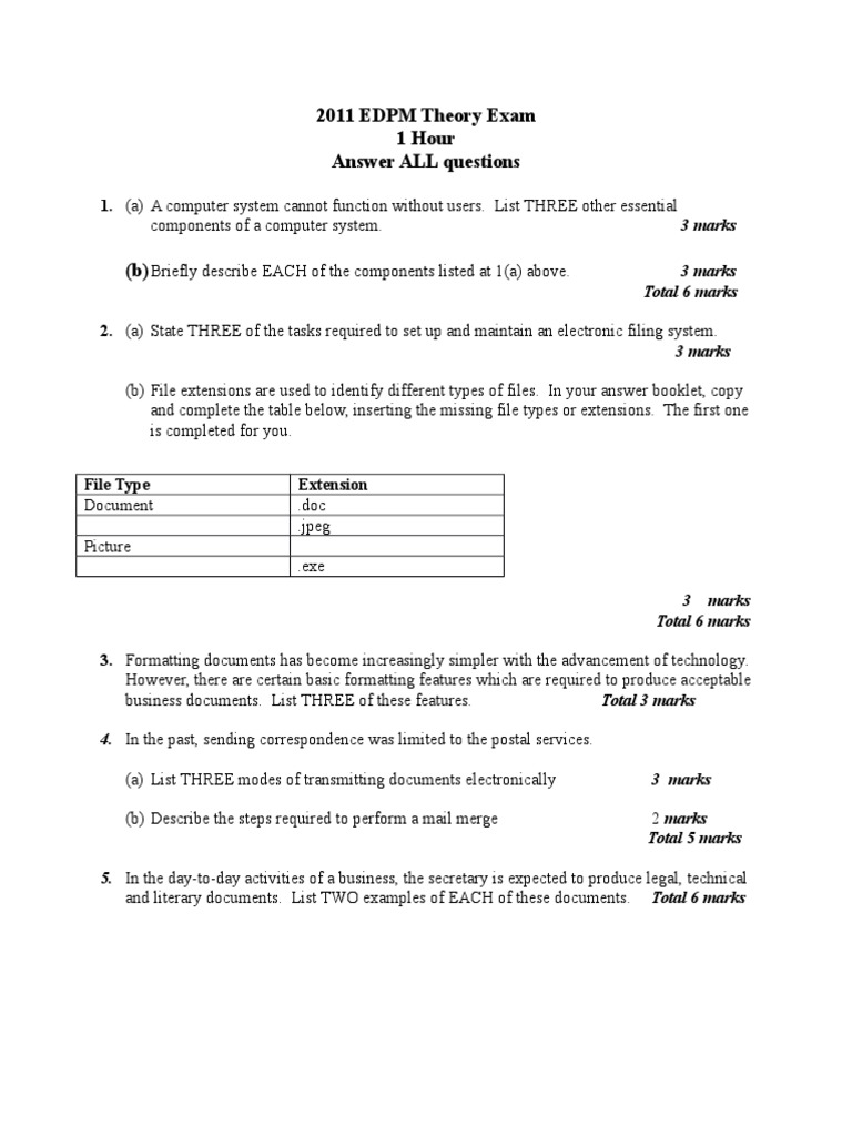 2011 EDPM Theory Exam 1 Hour Answer ALL Questions | PDF | File Format ...