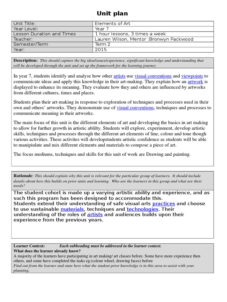 Y7 Elements of Art Unit Program | PDF | Educational Assessment | Color