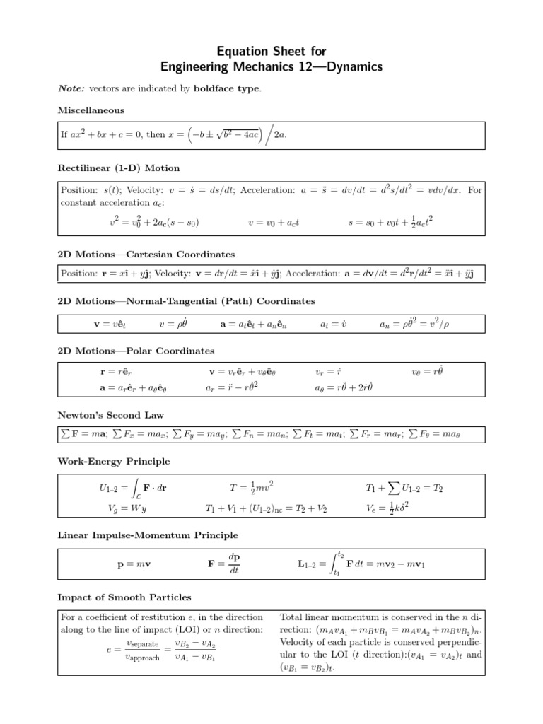 Dynamics Equation Sheet | PDF