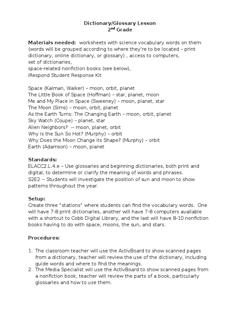 2nd Grade Collaborative Dictionary-Glossary Lesson Plan. Croom | PDF ...