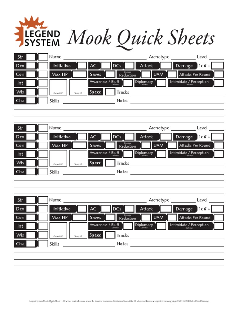 Mook Quick Sheets: Name Archetype Level 1d6 + | PDF