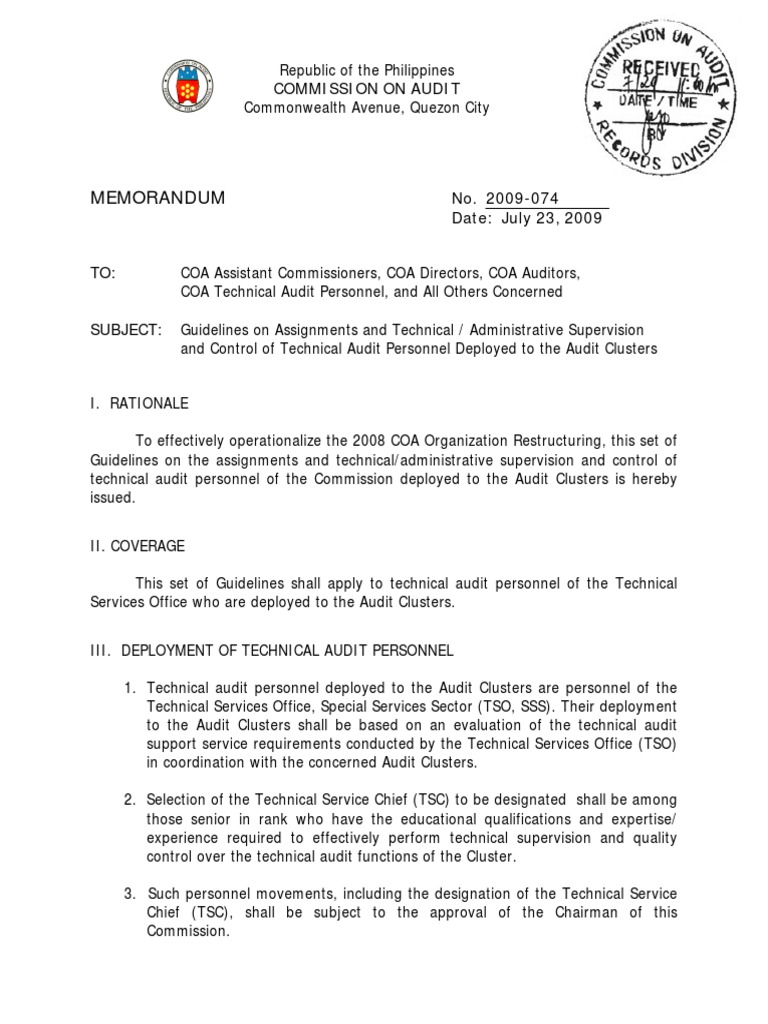 Coa Memo 2009-074 Role of Tso Staff | Audit | Evaluation