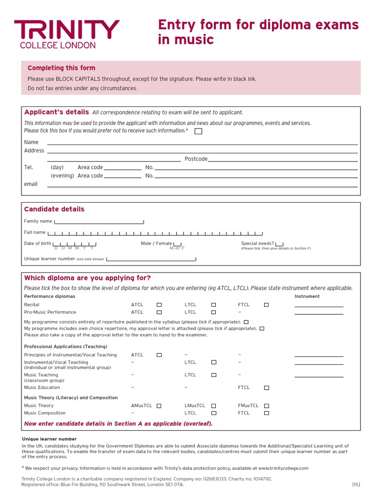 Trinity Music Diploma Entry Form - UK & International | Cheque ...