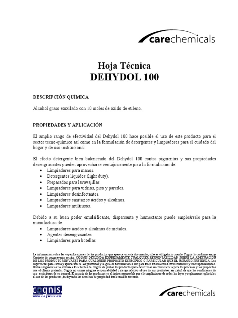 DEHYDOL 100 Ficha Técnica | PDF | Detergente | Sustancias químicas