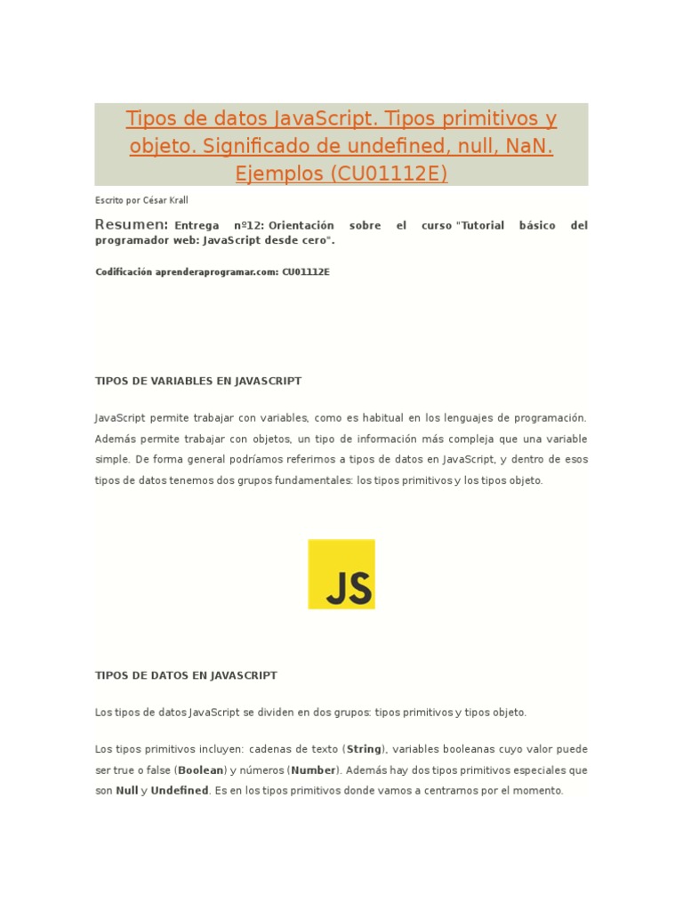 Tipos de Datos en JavaScript. | PDF | Expresión regular | Objeto (informática)