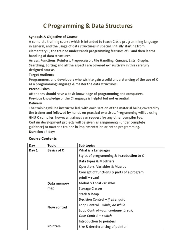 C Programming And Data Structures Synopsis And Objective Of Course 2655