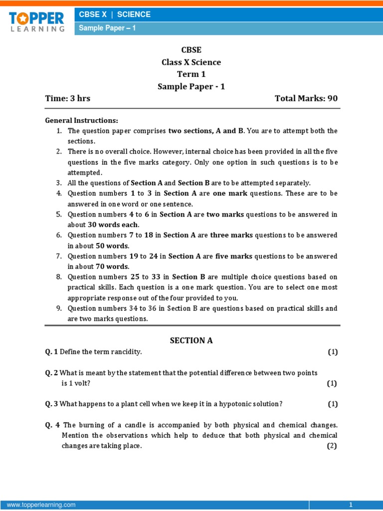 Science Sample Paper-1-Class 10 - (SA-I) | PDF | Series And Parallel ...