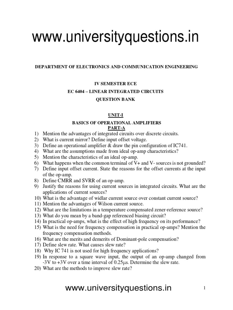 EC6404-Linear Integrated Circuits Question Bank | PDF | Operational ...