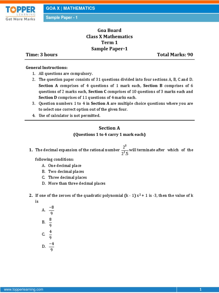 GOA-Mathematics Sample Paper-1-Class 10 Question Paper (SA-I) | PDF ...
