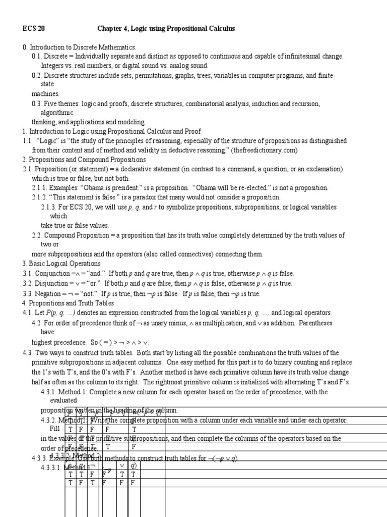 ECS 20 Chapter 4, Logic Using Propositional Calculus: P Is False. If P Is False, Then P Is True ...