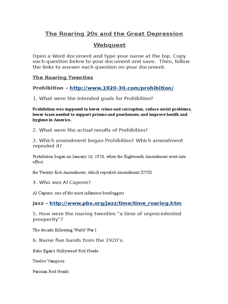 Roaring 20s and Great Depression Webquest | PDF | Prohibition | United ...