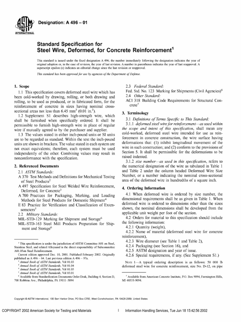 ASTM A 496 - 01 - Steel Wire For Concrete Reinforcement | PDF ...