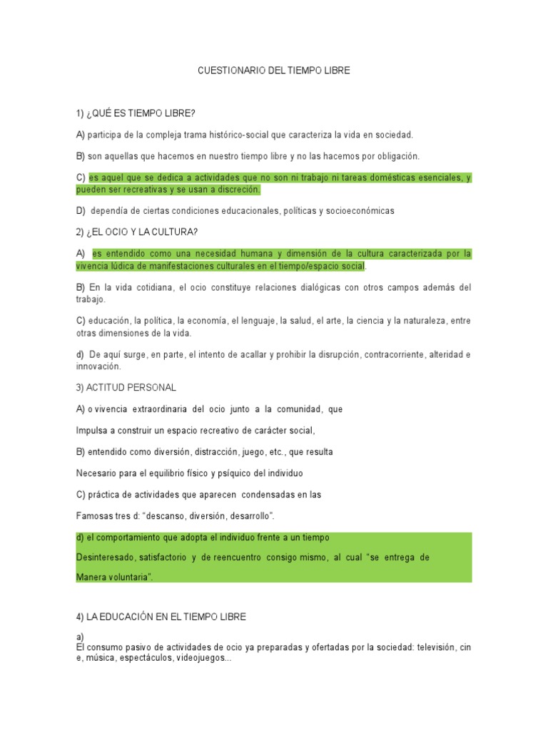 Cuestionario Del Tiempo Libre | PDF | Ocio | Conceptos psicologicos