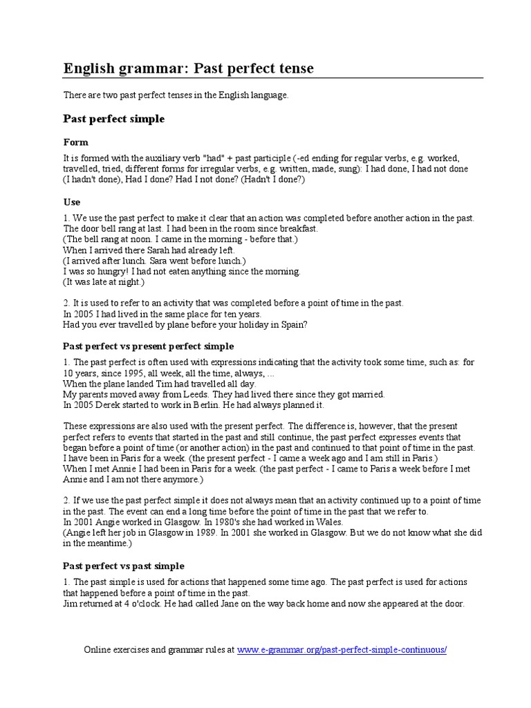 Past Perfect Tense | PDF | Perfect (Grammar) | Grammatical Tense