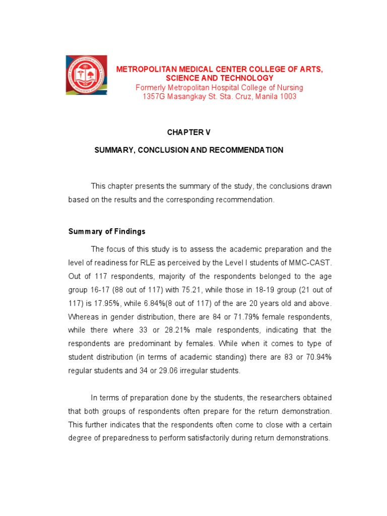 Summary, Conclusion and Recommendation: Metropolitan Medical Center ...