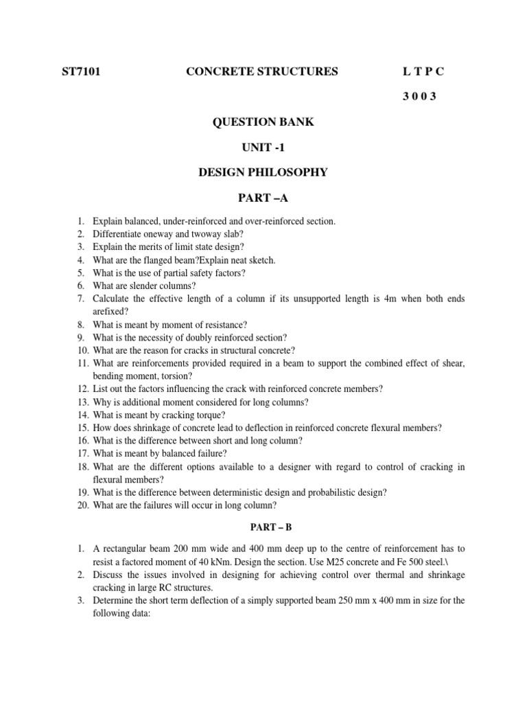 Design Philosophy and Special RC Elements Question Bank | PDF | Beam ...