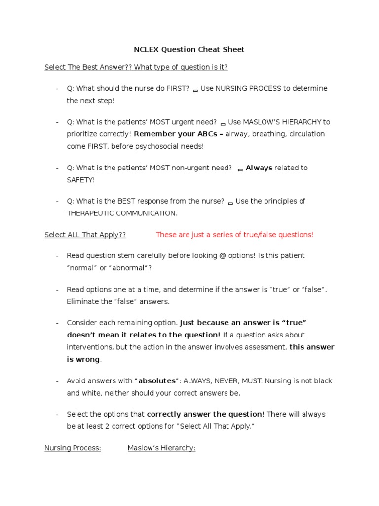 NCLEX Cheat Sheet | PDF | National Council Licensure Examination ...