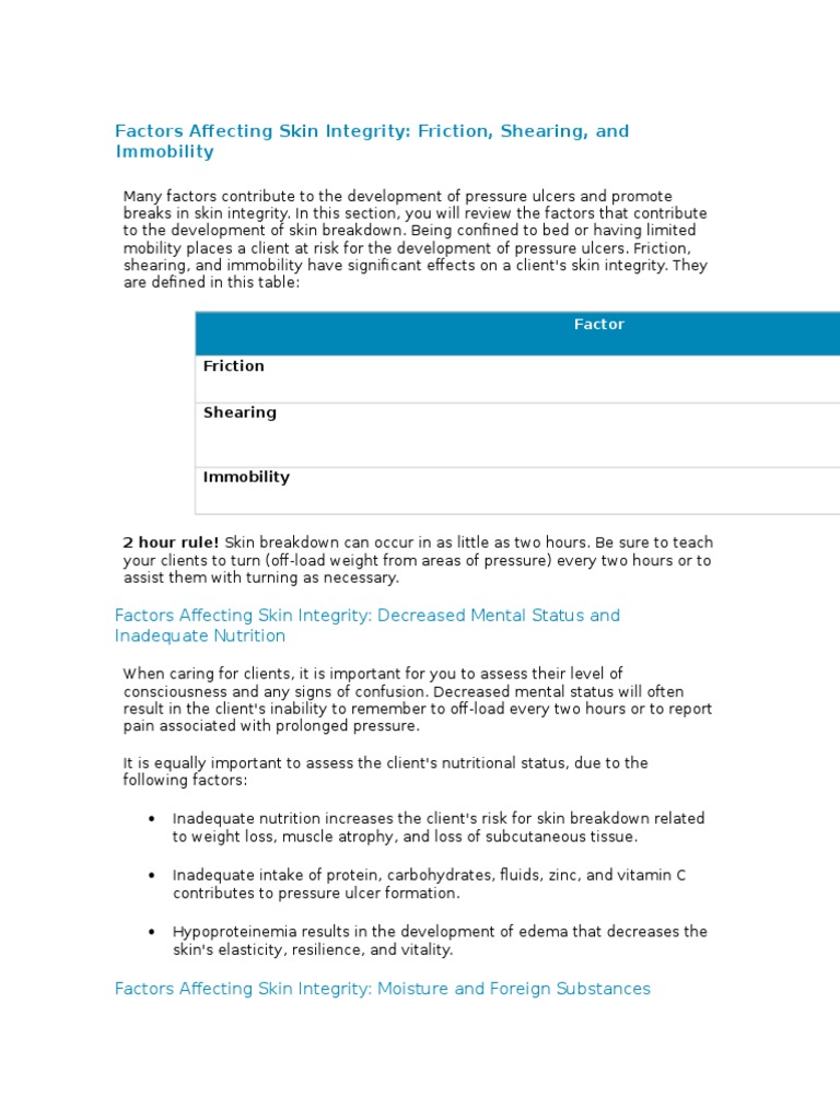 Factors Affecting Skin Integrity | PDF | Wound | Clinical Medicine