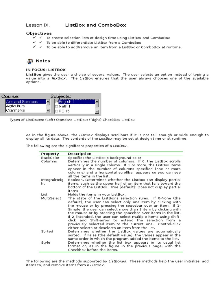 Lesson Ix Listbox And Combobox Pdf Areas Of Computer Science Computer Programming 